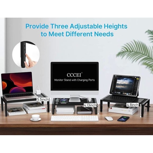 Office | Desk Monitor Stand Riser With Electrical Outlets And Usb Pd 3 ...